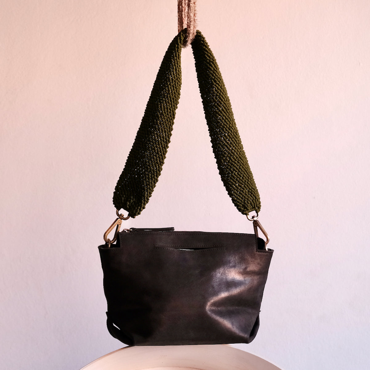 Ogda Shoulder Bag - Black with Olive Macrame Strap – Hamimi